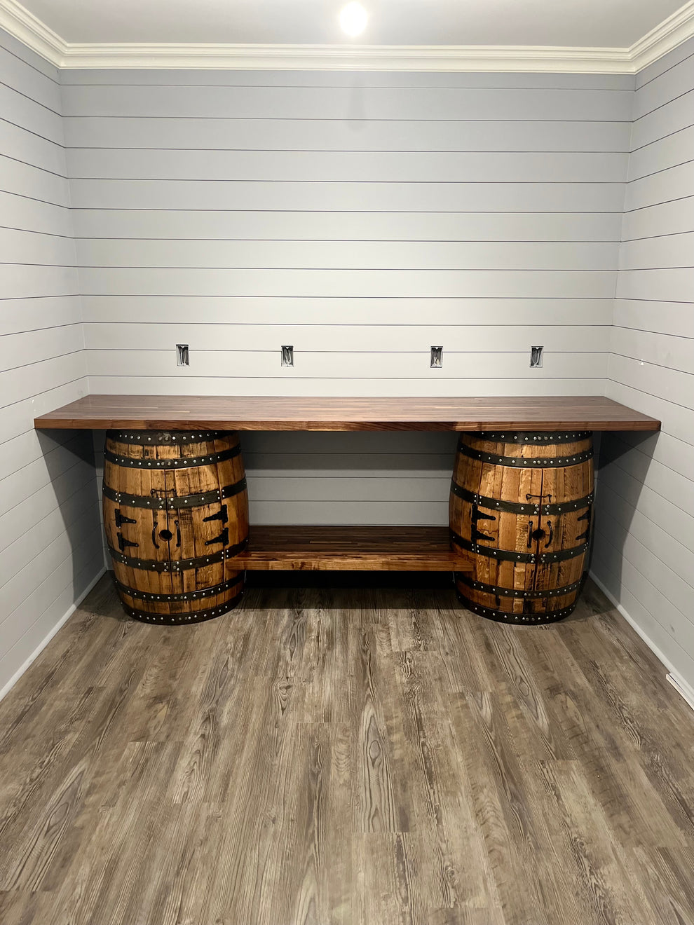 Bourbon Barrel Cabinets with Butcher Block Countertop – Oak & Moore