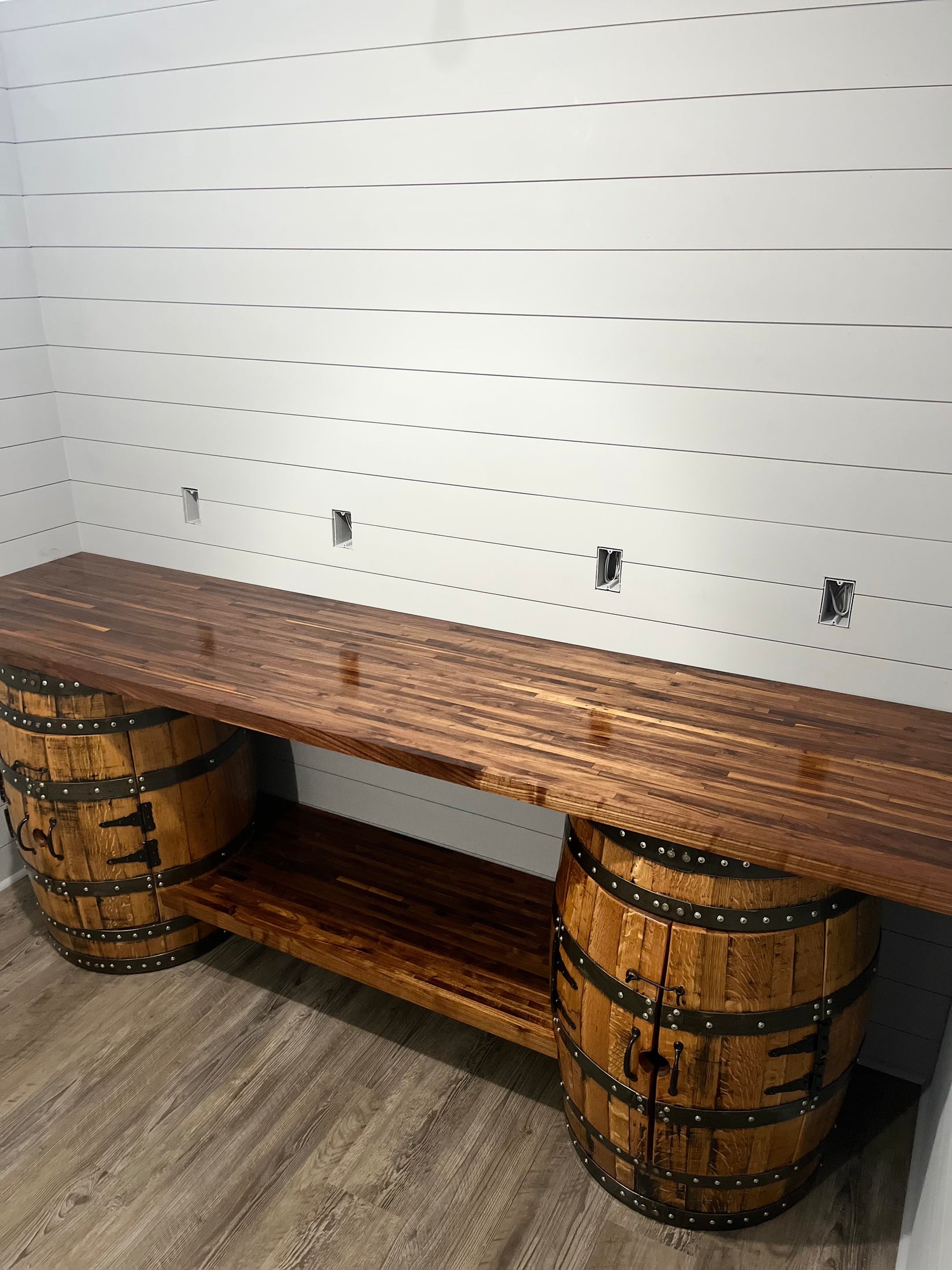 Bourbon Barrel Cabinets with Butcher Block Countertop – Oak & Moore