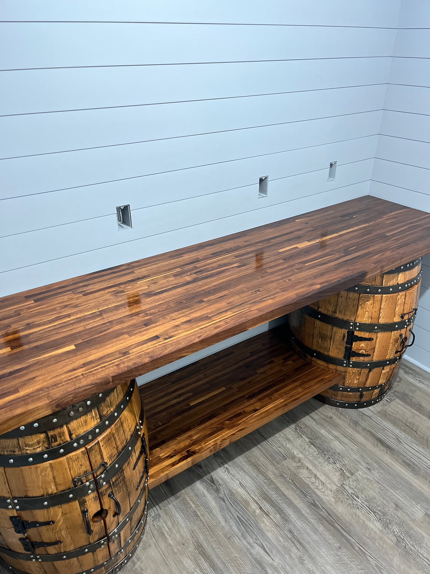 Bourbon Barrel Cabinets with Butcher Block Countertop – Oak & Moore