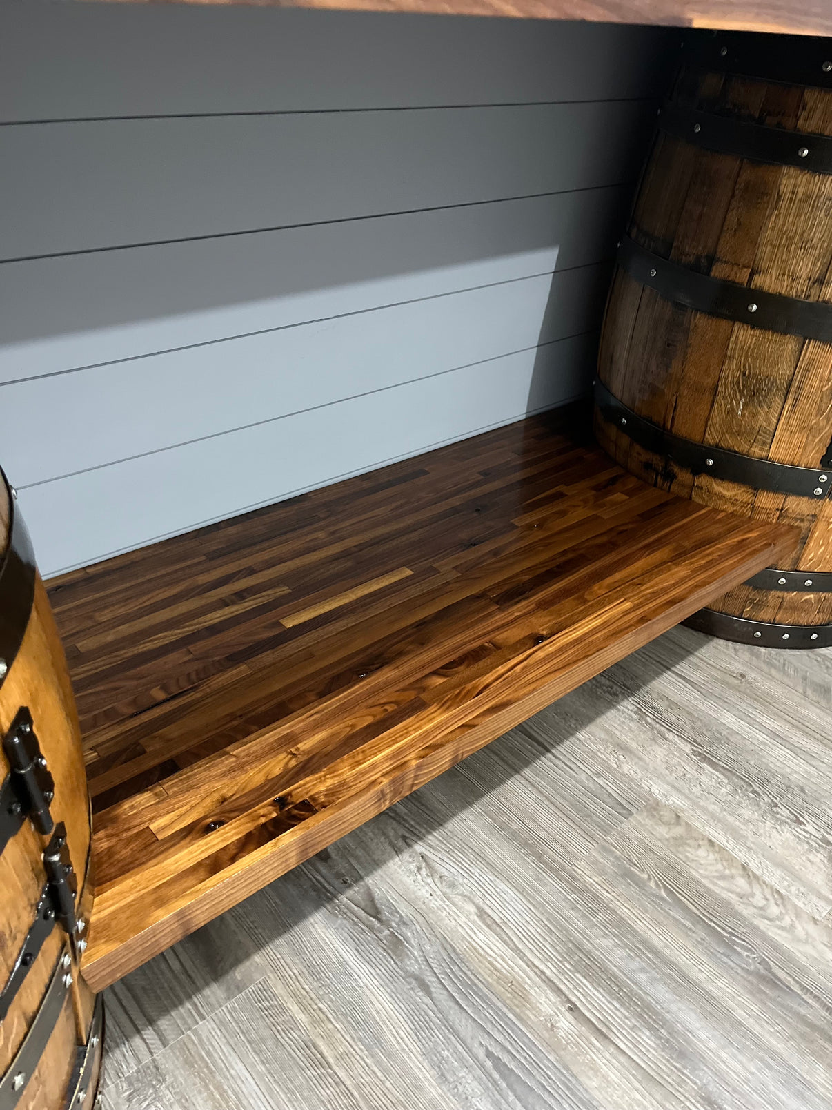 Bourbon Barrel Cabinets with Butcher Block Countertop – Oak & Moore