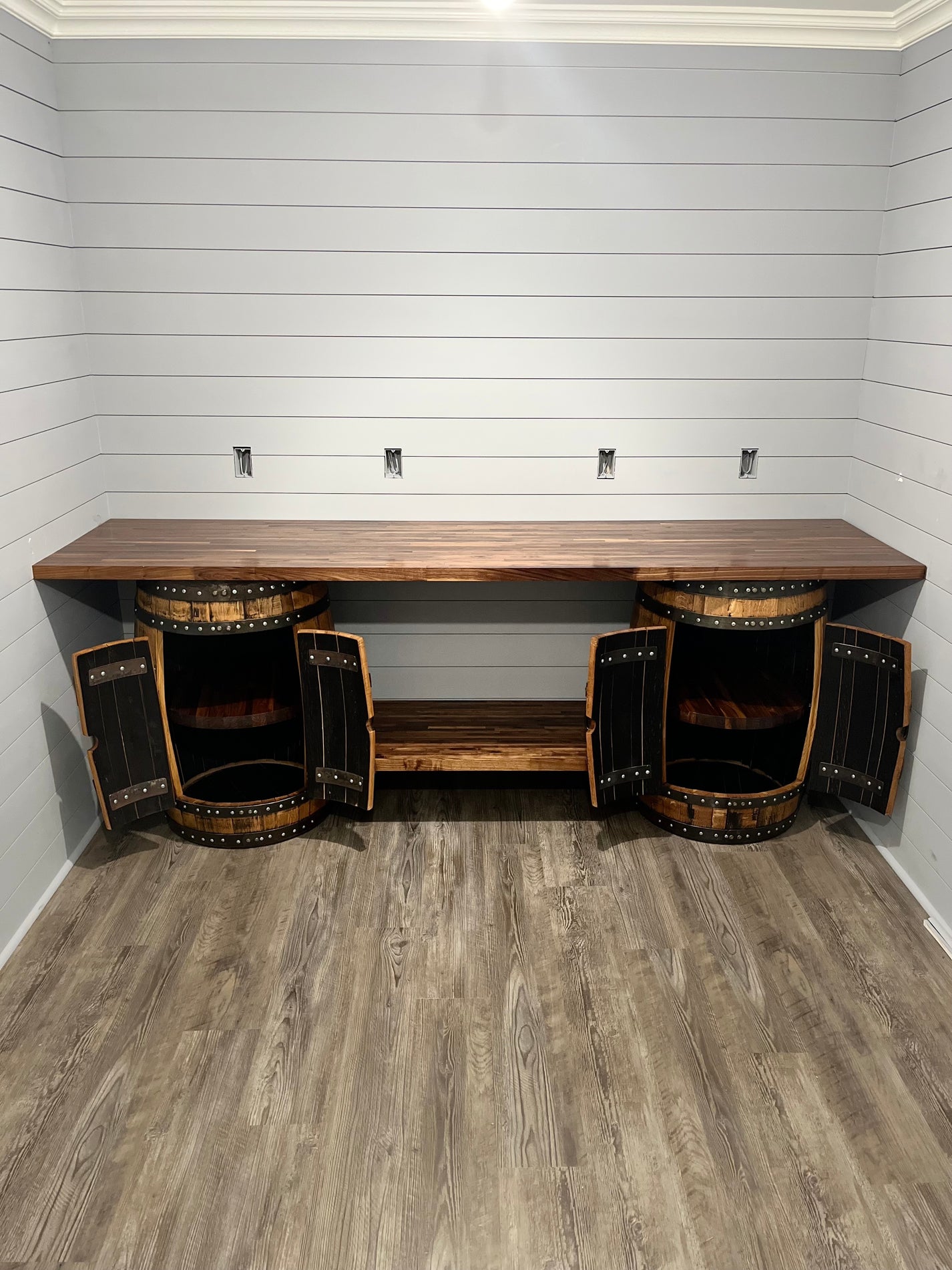 Bourbon Barrel Cabinets with Butcher Block Countertop – Oak & Moore